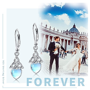 Celtic Dangling Earrings 925 Sterling Silver Moonstone Leverback Earrings Celtic Knot Drop Dangle Earrings Irish Celtic Jewelry Gifts for Women Christmas Celtic Earrings
