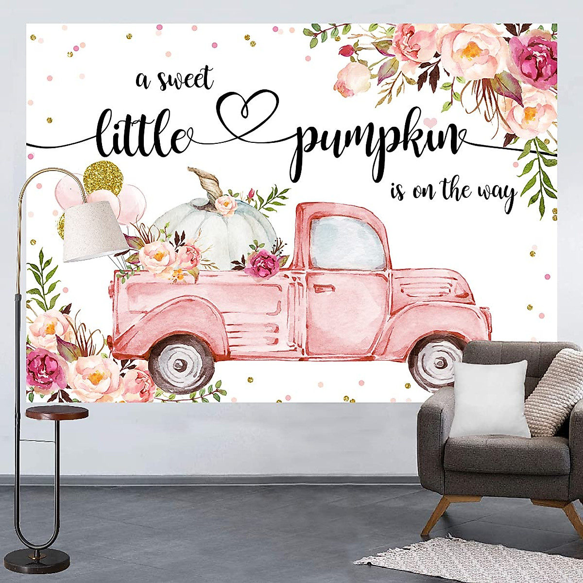 Lofaris Little Pumpkin Girl Baby Shower Photography Backdrops Props Fall Autumn Pink Floral Princess Baby Shower Party Decoration Car Gold Balloon Flowers Photo Studio Booth Background Banner 7x5ft
