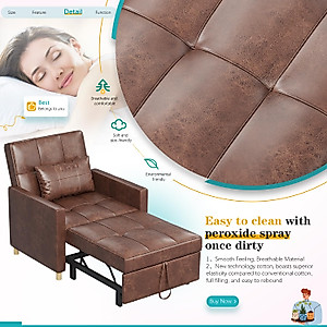 YODOLLA Sleeper Chair, 3 in 1 Chair Bed Sleeper for Adults, Fold Out Sofa Cama with Pillow and Convertible Backrest, Multi-Functional Reading Chair Couch Loveseat for Small Space, Saddle Brown