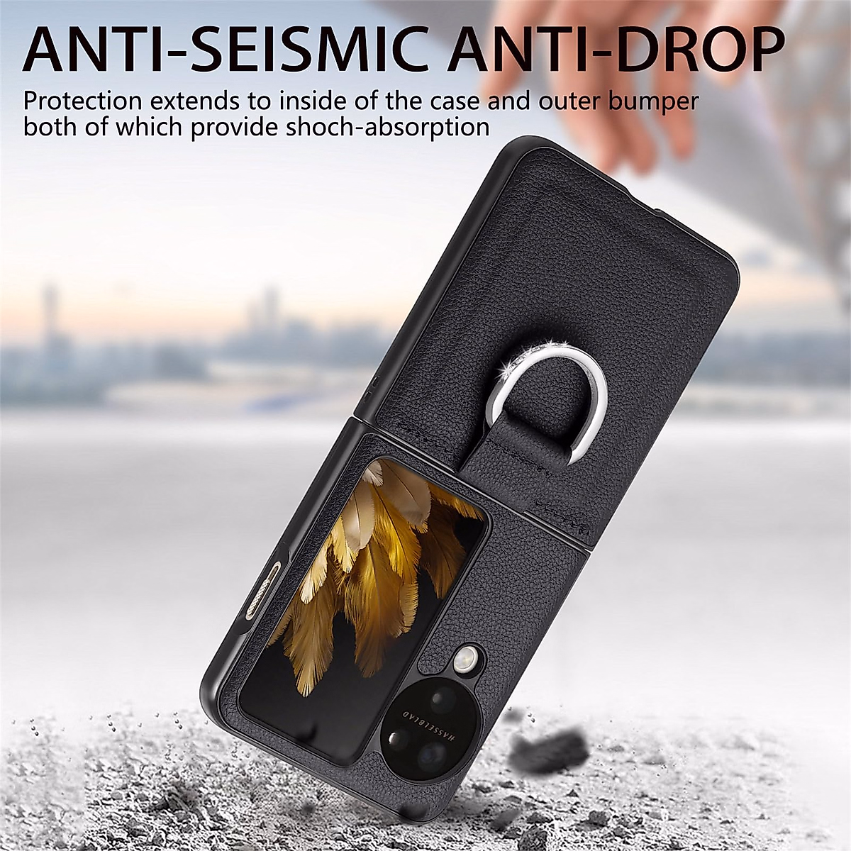 CCSmall Oppo Find N3 Flip Slim PU Leather Protective Cover Case with Ring, Black