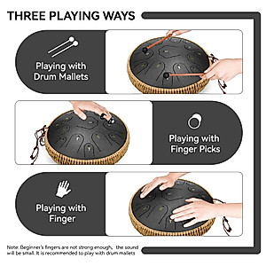 14 Inch 15 Note Steel Tongue Drum Qingshi Percussion Instrument Hand Pan Drum with Drum Mallets Carry Bag，Used for music education concert spiritual healing yoga meditation (14 Inch 15 Note-Green)