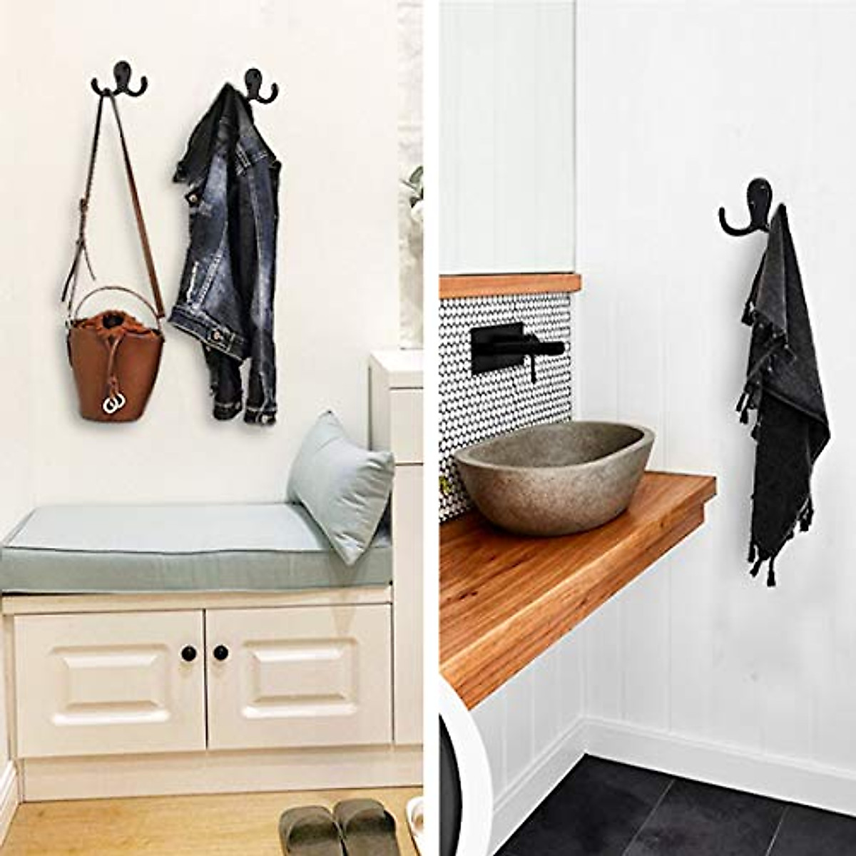 OHAHA 20 Pack Black Double Prone Hooks with 40 Screws. Easy to Install, Stronger & More Durable for Heavy Items, Hanging Scarf, Bag, Towel, Key, Cap, Cup, Hat