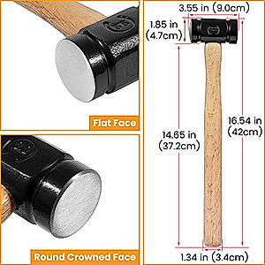 36 oz Rounding Hammer Blacksmith Bladesmith Forge Engineer Drilling Hammer Handmade Knife Making Metal Working Forging Farrier Tool Flat Round Face with Wooden Handle Steel Head