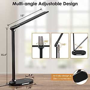 MOOKCCOS Double Head LED Desk Lamp with USB Charging - 5 Color Modes, Memory Function - Ideal for Home Office Desk Lamp, Multi-Angle Adjustable and Foldable Design Table Lamp- Black