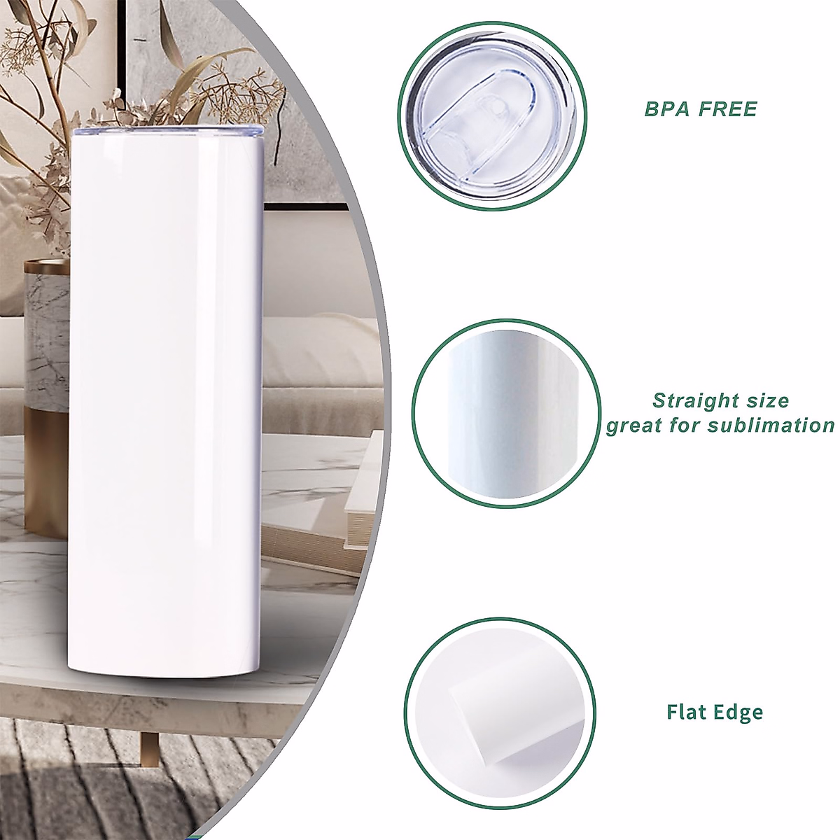 4pack 20oz sublimation straight flat edge tumbler bluk double wall stainless steel vacuum cup with metal straw， For Heat Press Sublimation Printing