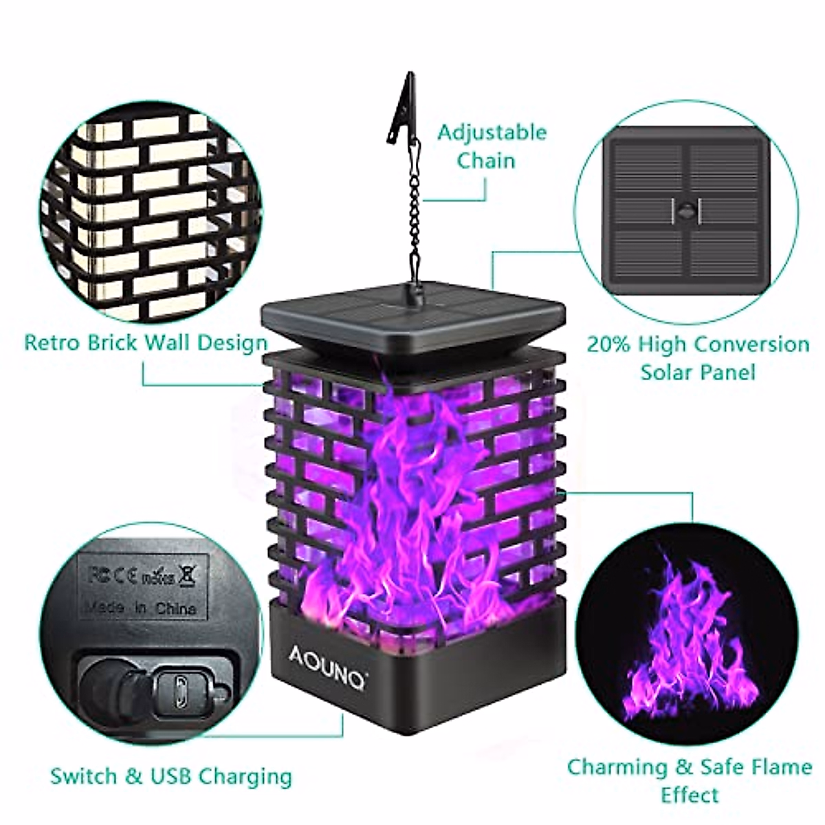 99LEDs Solar Lantern Purple, AOUNQ Upgraded Flickering Flame Hanging Solar Lantern Solar Lights Outdoor Waterproof, Solar Hanging Lanterns Outdoor Halloween Decorations for Patio,Garden,Yard (2Pack)