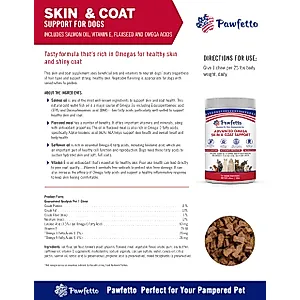 Pawfetto Advanced Omega Skin & Coat Support for Dogs. with Omega Fatty Acids, Salmon Oil, Flaxseed, and Vitamin E. Easily Digestible, Great Vegetable Flavor. Perfect for Your Pampered Pet (70 Chews)