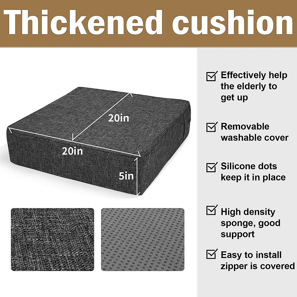 BUYUE Thickened Chair Cushion for Elderly 20" x 20" x 5", Original Linen High-density Foam Recliner Chair Pad Couch Armchair Seat Cushion, Gray