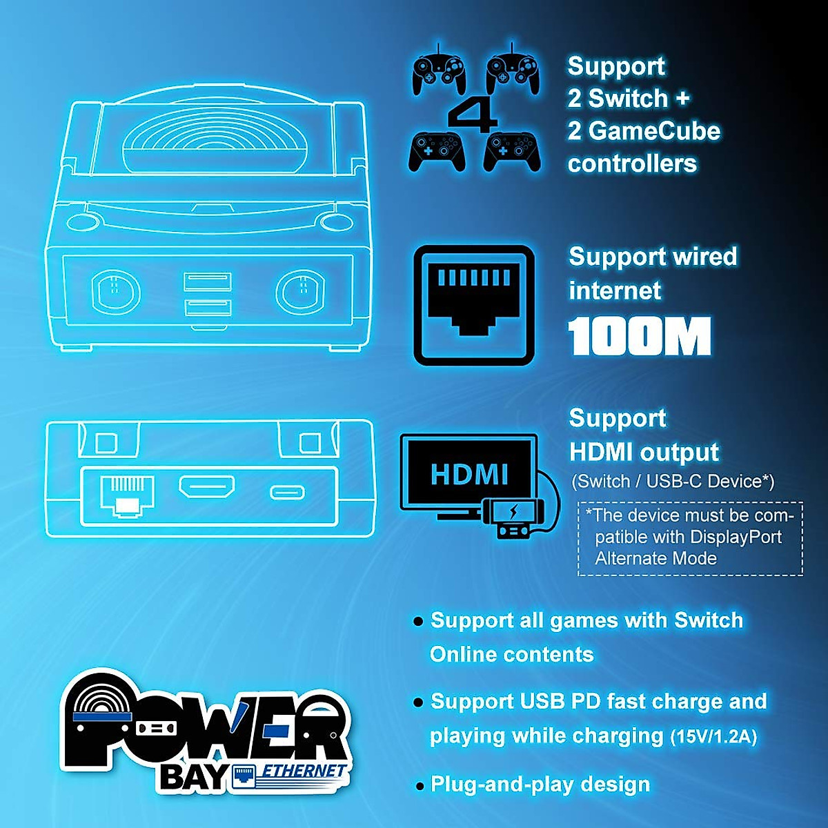 Brook Power Bay Ethernet - Portable, Fast Charging, Dock Stand, Docking Station for Nintendo Switch, Built-in Ethernet Port and GameCube Controller inputs, Supports HDMI Output, Stable Network Connect