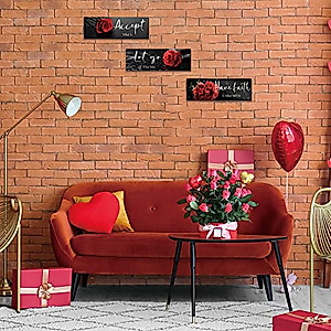 3 Pcs Red Decor Flower Inspirational Wooden Wall Art Red Roses Decor Office Wall Decor with Accept Let Go Have Faith Positive Quotes for Girl Women Bathroom Living Room Bedroom(Red Rose12 x 4 Inch)