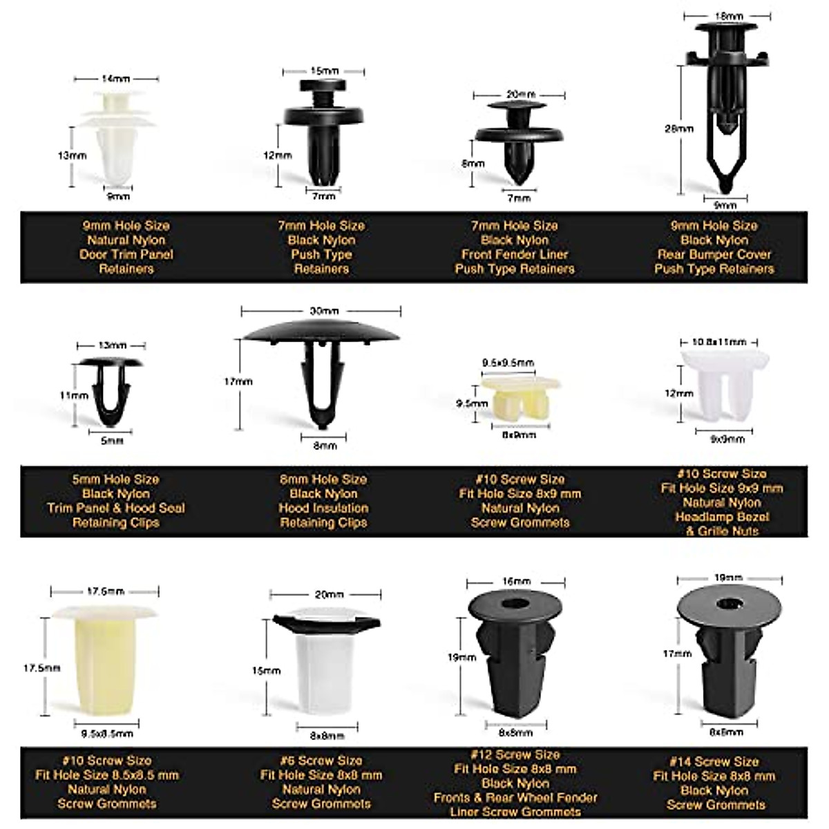 GOOACC 166 Pcs Car Retainer Clips &Screw Grommets - 12 Most Popular Sizes & Applications for GM Toyota Honda Nissan Mazda - Bonus Fastener Remover