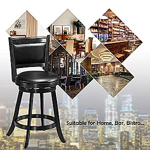 COSTWAY Bar Stools Set of 2, 360 Degree Swivel, Accent Wooden Swivel Back Counter Height Bar Stool, Fabric Upholstered Design, PVC Cushioned Seat (2 stools, Black 24'' Height)