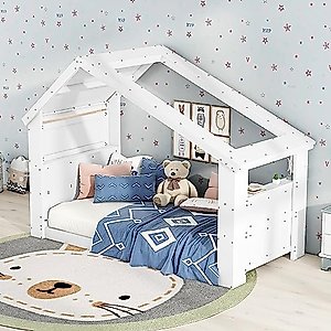 Twin Floor Bed for Kids,Twin Size House Bed Frame with Roof, Window and Led Light Design,Wood Twin Montessori Floor Bed,Playhouse Bed Frame for Kids Girls Boys,White