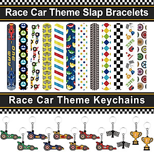 Erweicet Race Car Party Favors 84 PCS Mini Race Cars Keychains Slap Bracelet Stickers Straws Goody Treat Candy Bags for Kids Birthday Party Classroom Reward