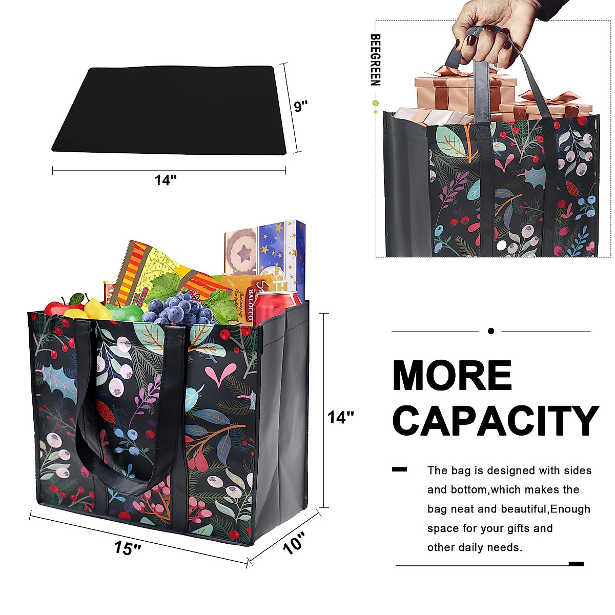 BeeGreen Christmas Reusable Bags 12 Pack with Reinforced Handles and Removable Bottom Foldable Extra Large Tote Bag Bulk for Kitchen Groceries Shopping Bags Reusable Produce Bags