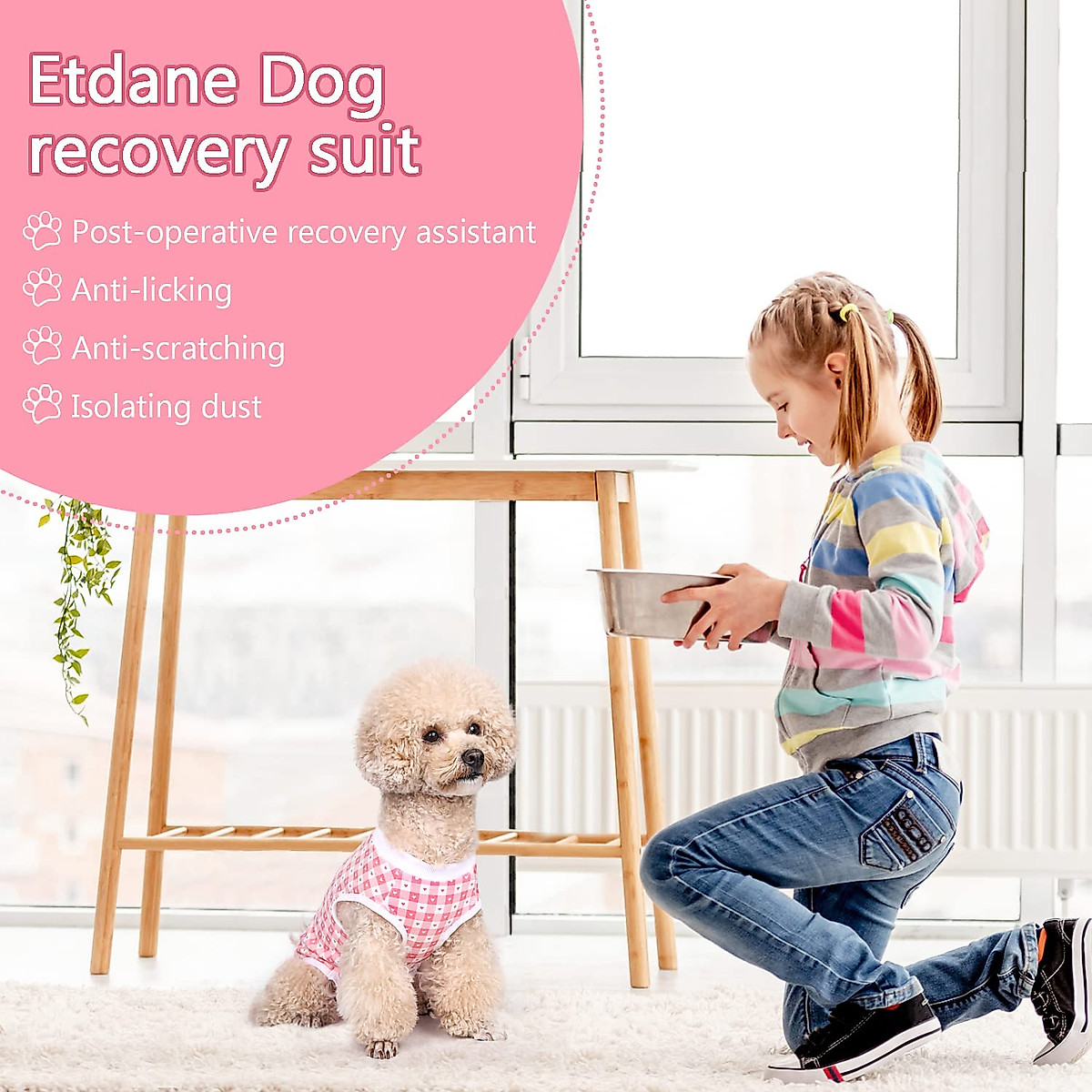 Etdane Dog Recovery Suit for Female Male Dog Onesie for Surgery Dog Surgical Suit After Spayed Dog Neuter Body Suits Fit Small Medium Dog with Pee Hole Pink Plaid/Hear/Large