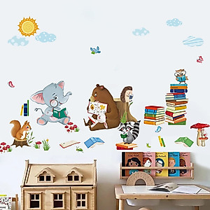 decalmile Animals Reading Educational Wall Decals Elephant Bear Squirrel Wall Stickers Kids Bedroom Children Classroom Daycare Wall Decor