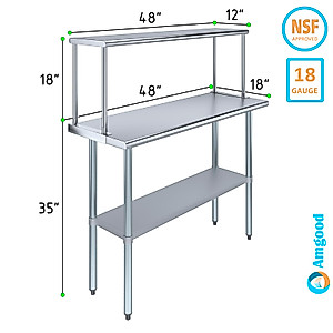 Stainless Steel Work Table with Wide Single Tier Overshelf | Metal Kitchen Prep Table & Shelving Combo (18" x 48" Work Table + 12" Overshelf)