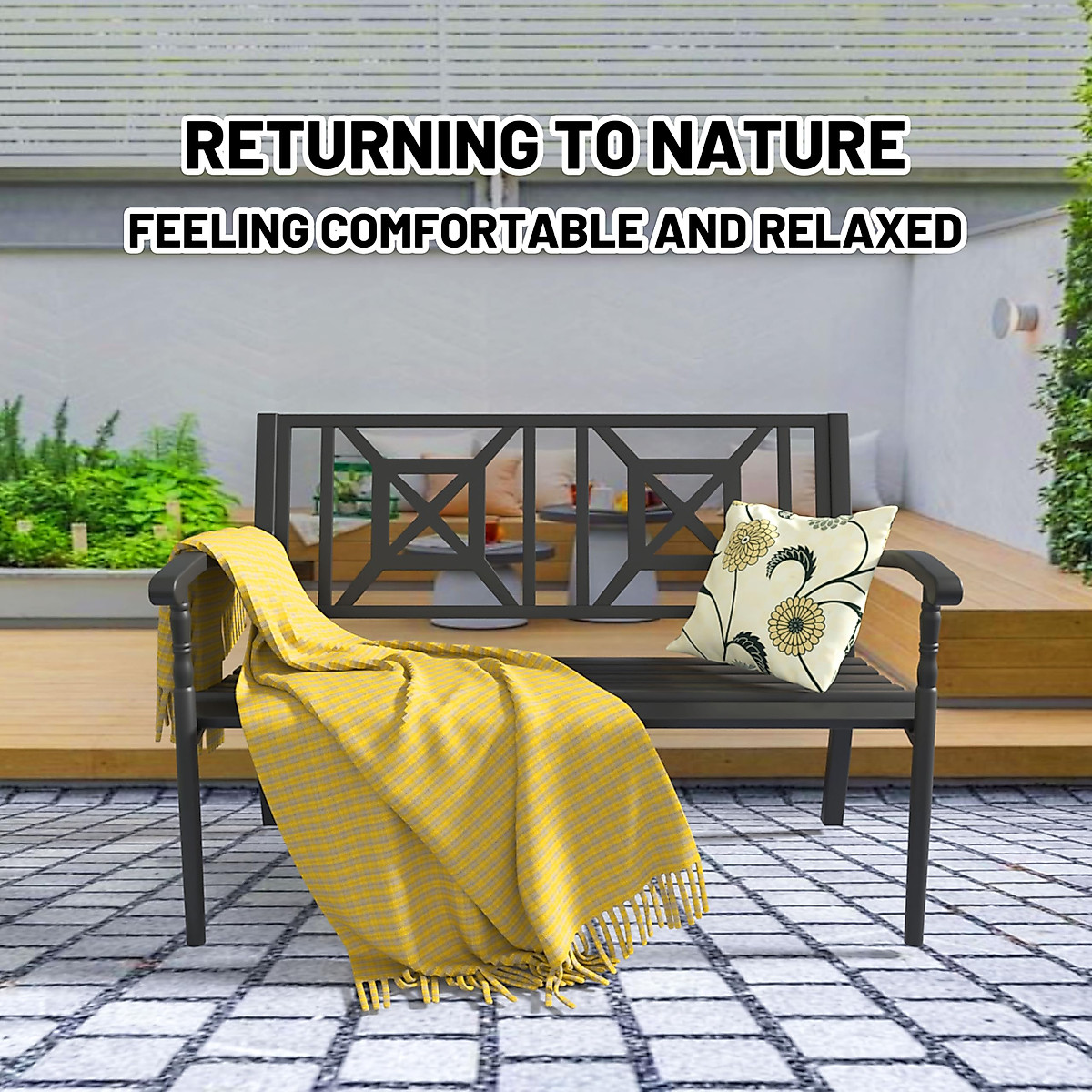 YLGJ&TIDY Outdoor Bench,50" Garden Bench with Ergonomic Backrest&Armrests, Weatherproof Iron Metal Bench for Gardens, Parks,Patio,Porch, Lawn and Yard