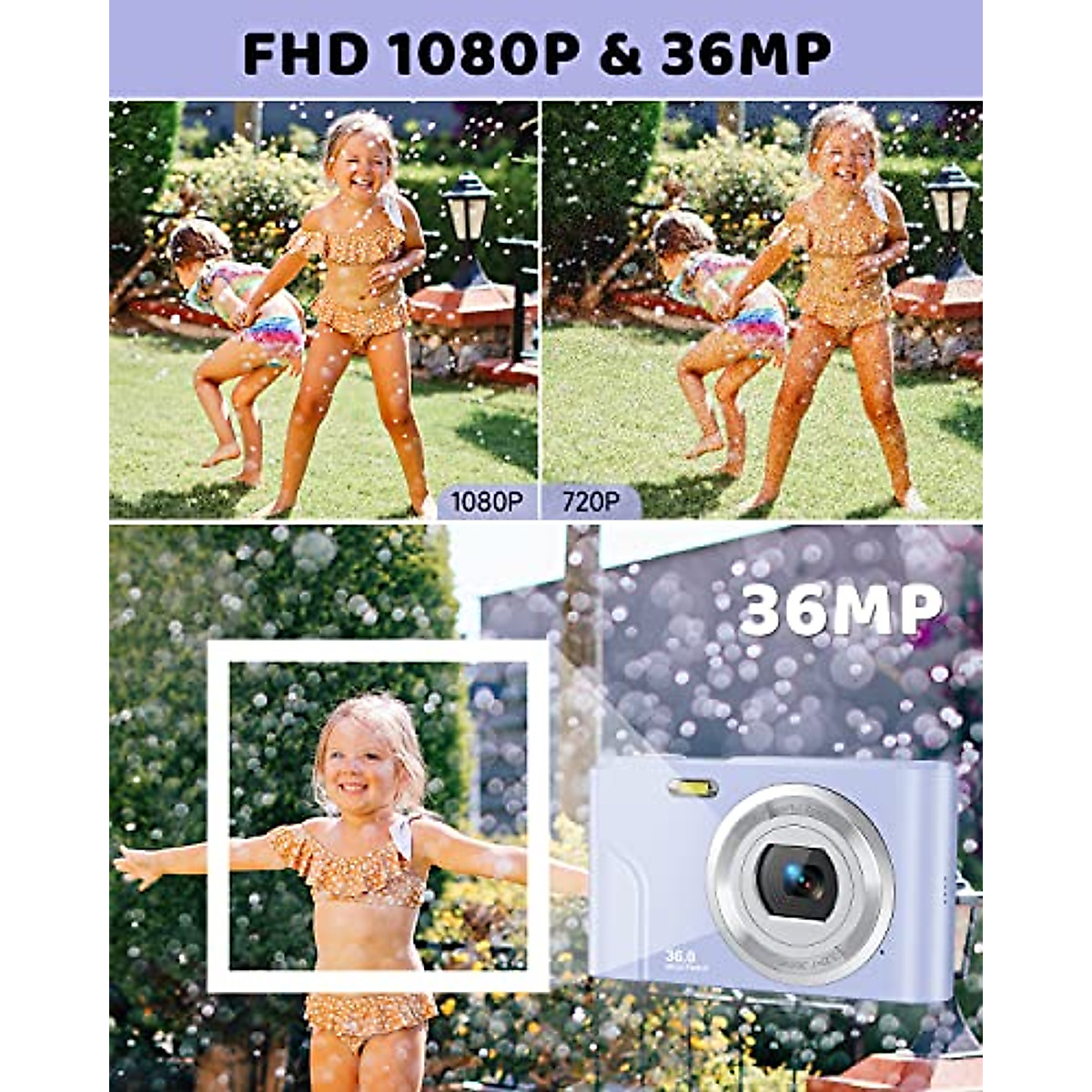 Digital Camera, Lecran FHD 1080P 36.0 Mega Pixels Vlogging Camera with 16X Digital Zoom, LCD Screen, Compact Portable Mini Cameras for Students, Teens, Kids (Purple)
