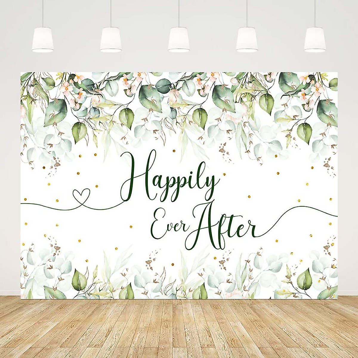 AIBIIN 7x5ft Happily Ever After Backdrop for Wedding Eucalyptus Leaves Gold Dots Photography Background Bridal Shower Wedding Party Decorations Banner Photo Props
