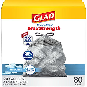 GLAD ForceFlexPlus XL X-Large Kitchen Drawstring Trash Bags, 20 Gallon Grey Trash Bag for Large Kitchen Trash Can, Fresh Clean with Febreze Freshness and Leak Protection, 80 Count (Package May Vary)