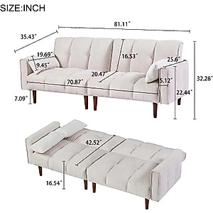 ERYE 3-in-1 Linen Upholstered Convertible Futon Sofabed Modern Oversized Functional Loveseat Sofa Convertible Sleeper Couch Bed with Split Reclining Backrest,2 Pillows and 8 Wood Legs for Living Room