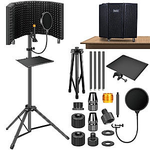 Dmsky Microphone Isolation Shield with Pop Filter & Tripod Stand, Foldable Mic Shield with Triple Sound Insulation, High Density Mic Sound Shield for Recording Studio, Podcasts, Singing, Broadcasting