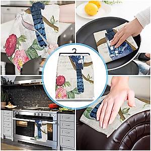 BEKYONEE Kitchen Dish Towels,3 Pack Vintage Blue Jay Birds Boho Flower and Branch Hand Towel Absorbent Dish Cloth Microfiber Terry Cloths Tea Towel for Dishes Counter/Bar Retro Letters Kraft Paper