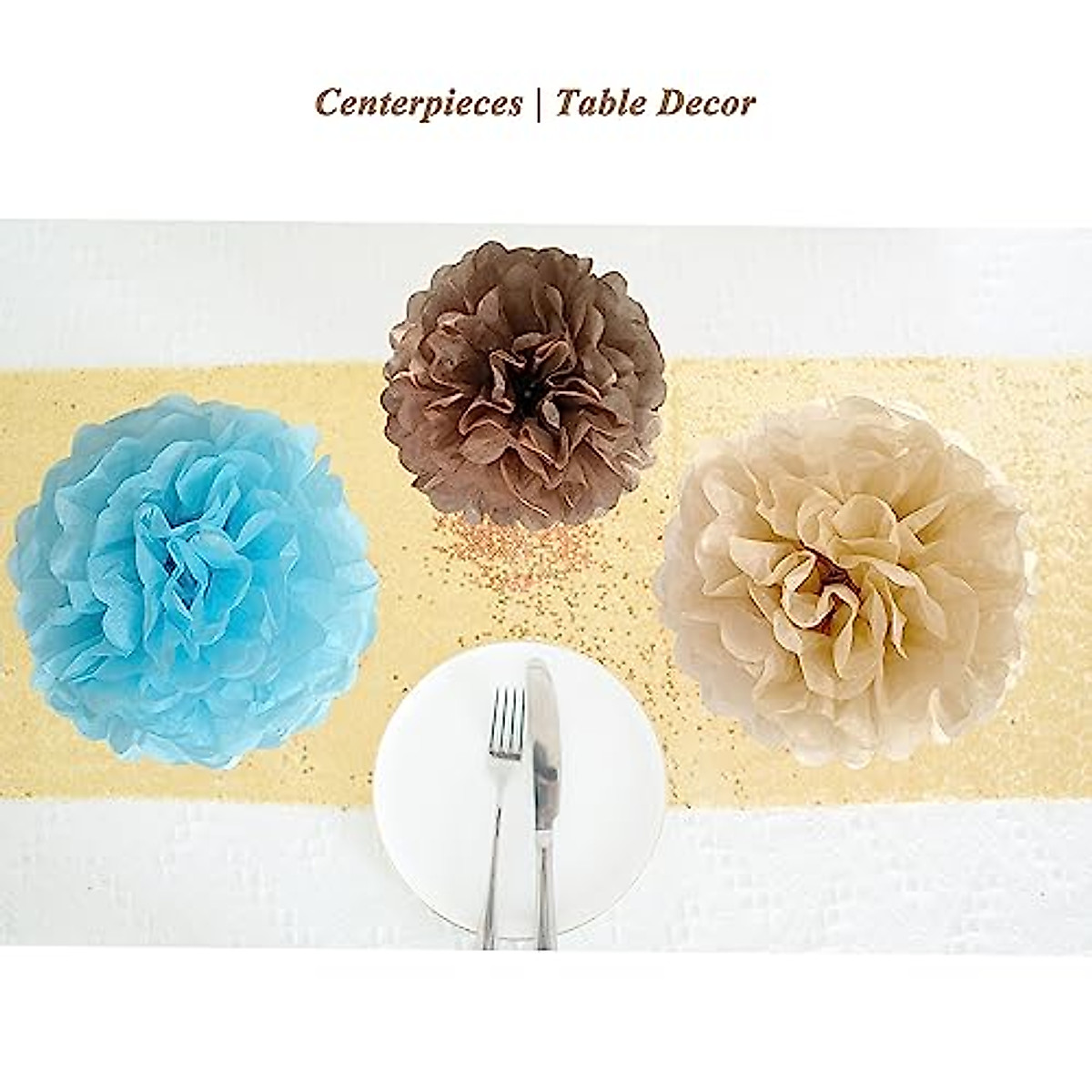 ANSOMO Blue and Tan Brown Tissue Paper Pom Poms Party Decorations Flowers Wall Hanging Bear Baby Shower Boy Khaki Décor 1st Birthday Supplies 12Pcs