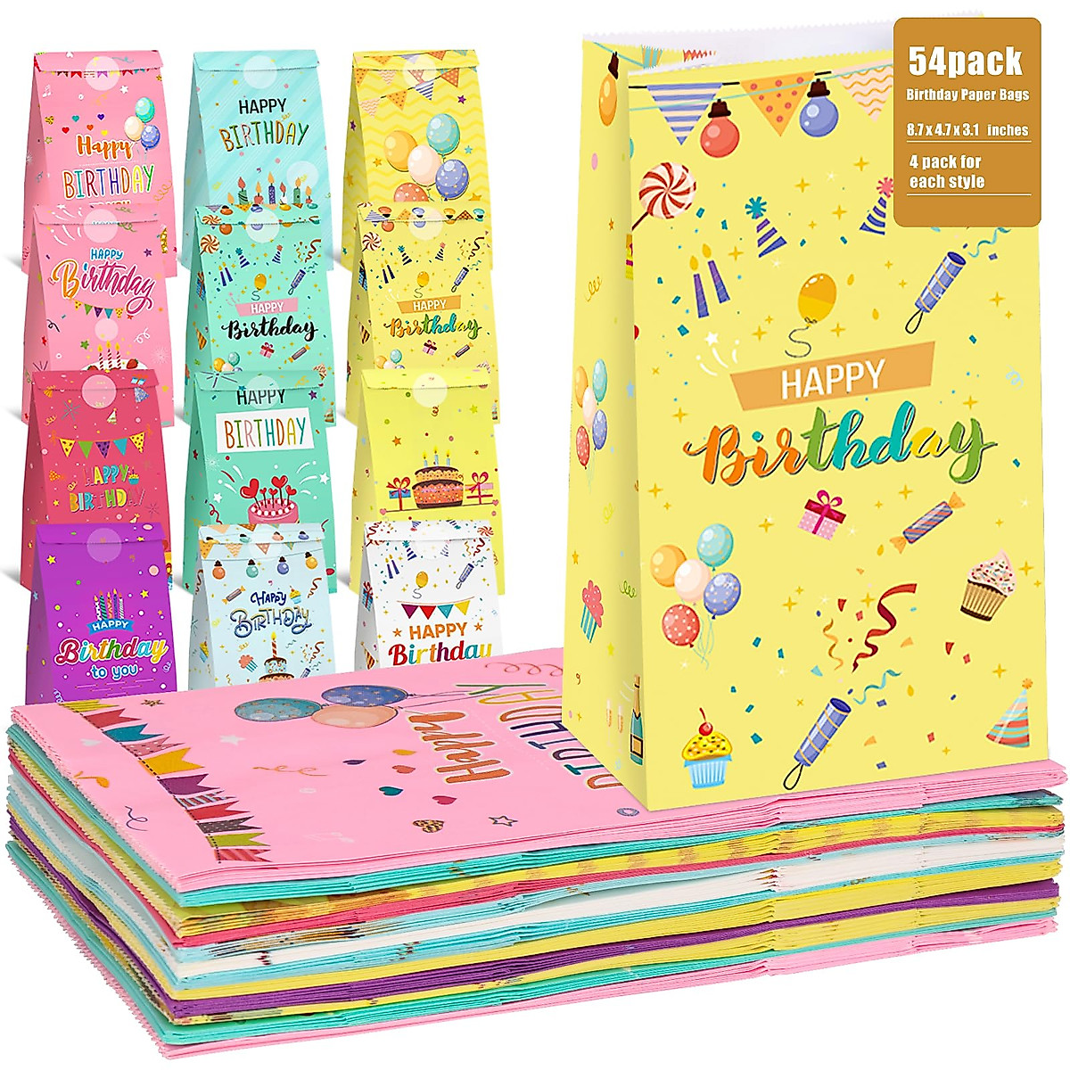 Shindel Party Favor Bags, 54PCS Happy Birthday Treat Bags, Birthday Bags For Kids, 4.7" x 3.1" x 8.7" 12 Designs Colored Paper Bags Goodie Bags for Birthday Party Kids