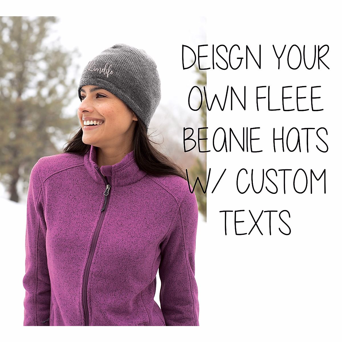 INK STITCH CP91L Custom Text Stitching Design Your Own Fleece Line Beanie Hats (Black)