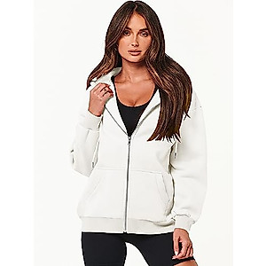 Caracilia Women's Hoodies 2023 Fall Jacket Solid Athletic Tops Casual Long Sleeve Fleece Oversized Sweatshirts Cute Teen Girl Zip Up Clothes Winter Loose Fit Warm Cute Sweater A989baise-M White