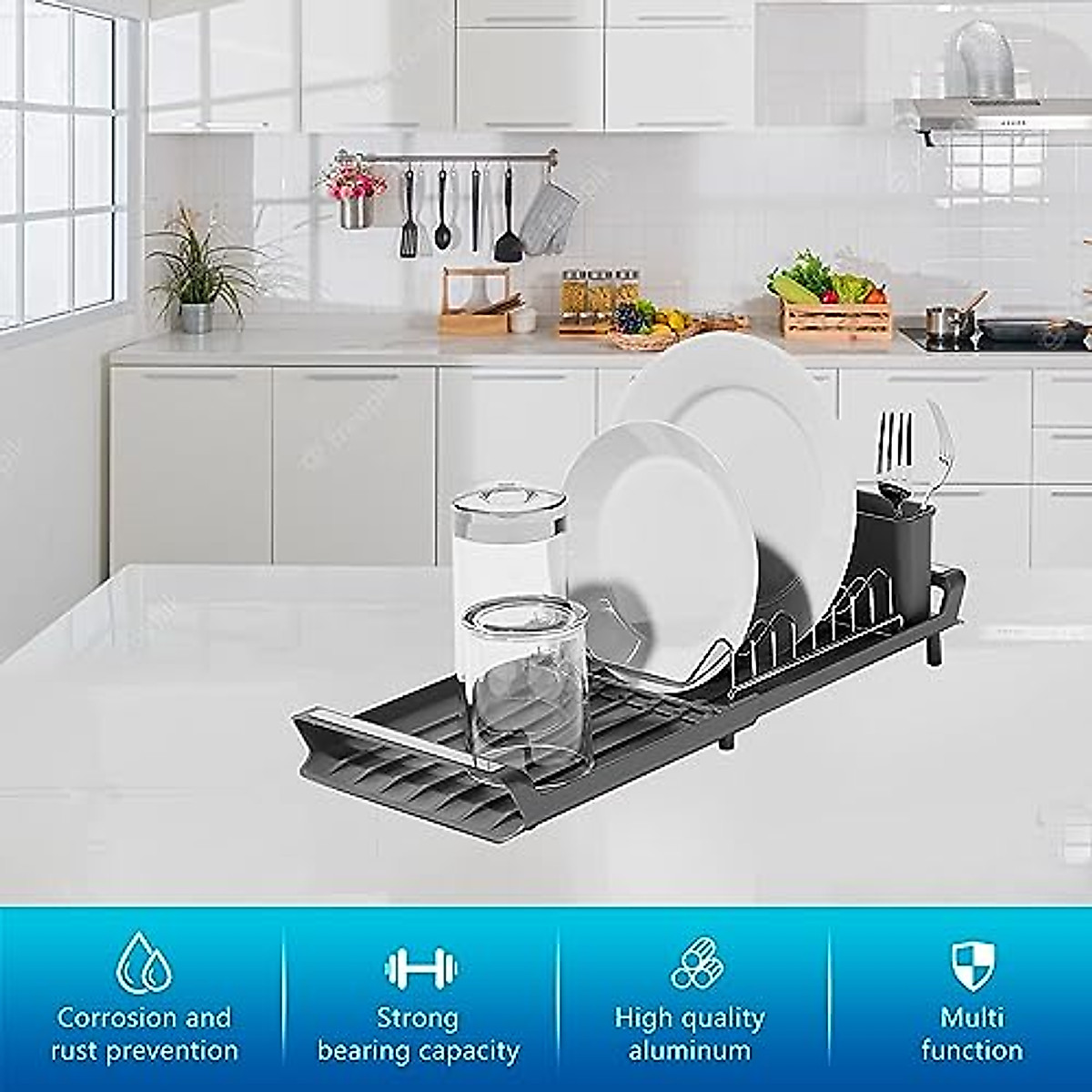 Joemdehazam Dish Drying Rack,Expandable Dish Rack,Compact Dish Rack Durable, Stainless Steel Dish Drying Rack with Removable Cutlery Holder, Small Sink Drainer for Sink or Kitchen Countertop (Grey)