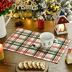 Artoid Mode Red Green Buffalo Plaid Christmas Placemats Set of 6, 12x18 Inch Seasonal Winter Table Mats for Party Kitchen Dining Decoration