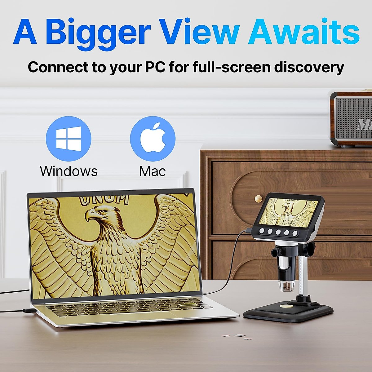 Digital Microscope, 4.3" LCD USB Coin Microscope, 1000X 1080P Error Coin Magnifier with 8 Adjustable LED Lights, PC View, Compatible with Windows for Adults Kids