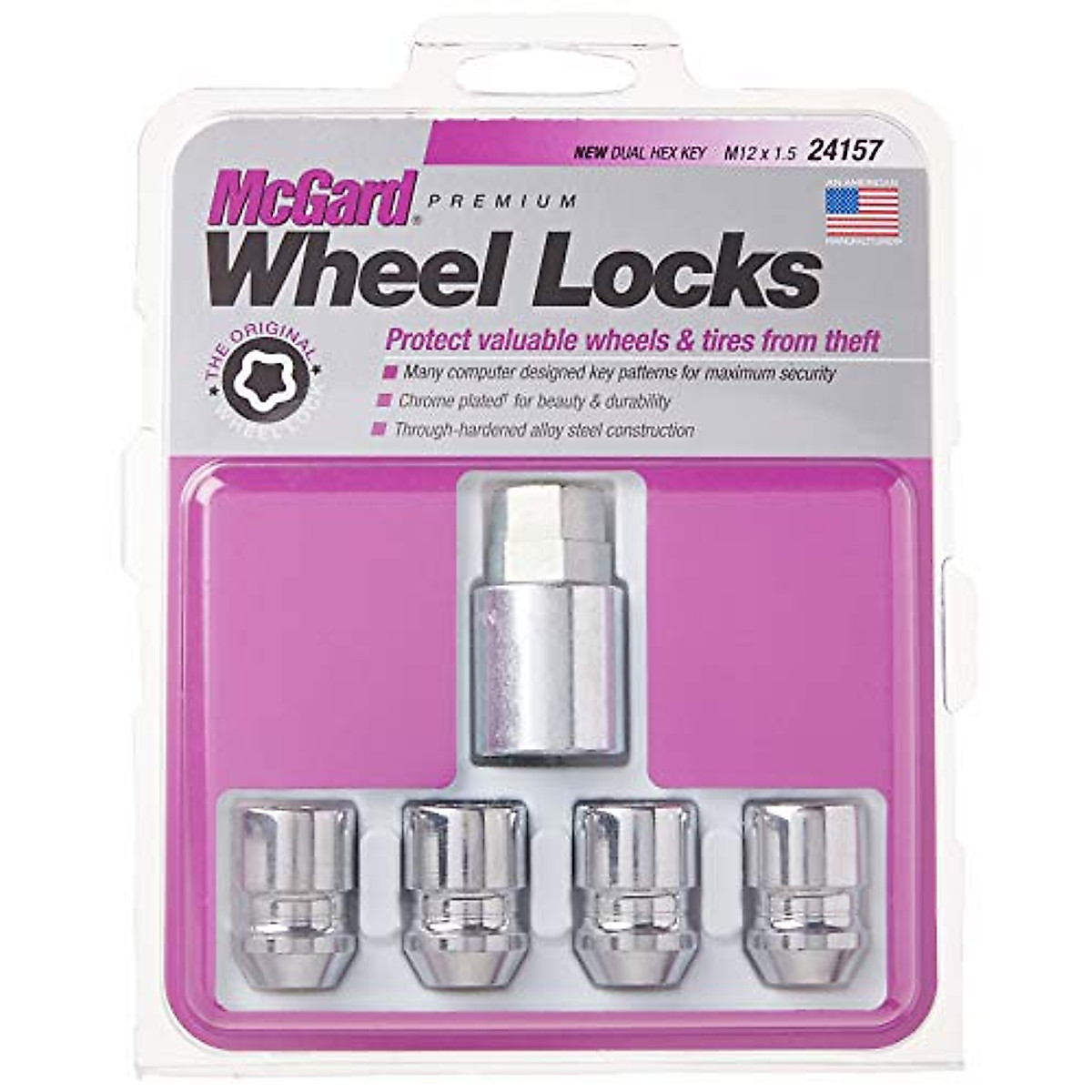MCGARD 24157 Chrome Cone Seat Wheel Locks (M12 x 1.5 Thread Size) - 4 Locks / 1 Key