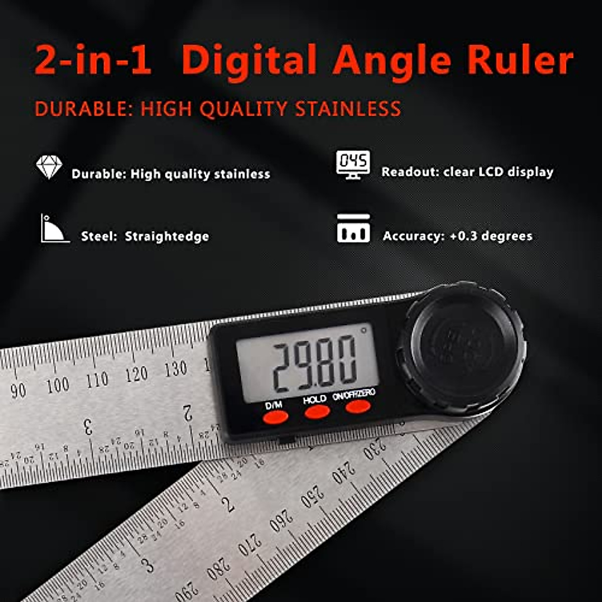 Digital Angle Finder Protractor,2 in 1 Auzof Angle Finder Ruler,7Inch / 200mm Stainless Steel Angle Measuring Tool with LCD Display for Woodworking/Carpenter(2 Batteries Included)