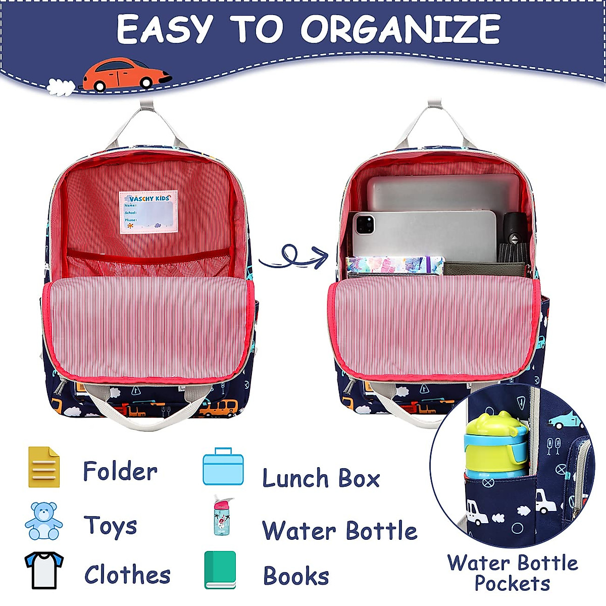 VASCHY Toddler Kids Backpack, Little Boys Lightweight Cute Top Handle Preschool Backpack Tablet Bag for Daycare Kindergarten Vehicles