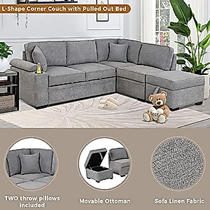Melpomene Sectional Sleeper Sofa with Pull-Out Bed and Storage Ottoman, Modern L-Shape Couch w/USB Port and Cupholder,Grey