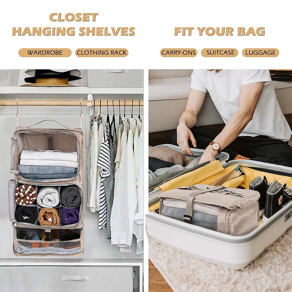 Surblue Hanging Shelves Travel Compression Packing Cube for Carry-on Luggage Suitcase Collapsible Transformable Garment Closet Organizers Large Capacity, Beige, XL