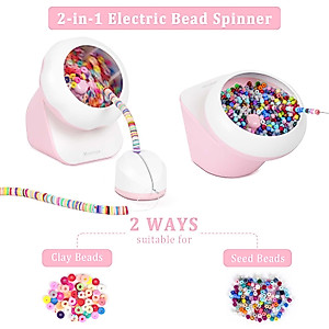 Clay Bead Spinner and Seed Bead Spinner, 2-in-1 Electric Bead Spinner for Jewelry Making, Bracelet Spinner and Necklace Making Machine with Bead Needles and Thread (Pink), (Beads Not Included)