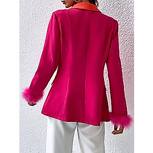 WDIRARA Women's Colorblock Fuzzy Trim Shawl Collar Double Button Work Office Jacket Blazer Pink and Orange S