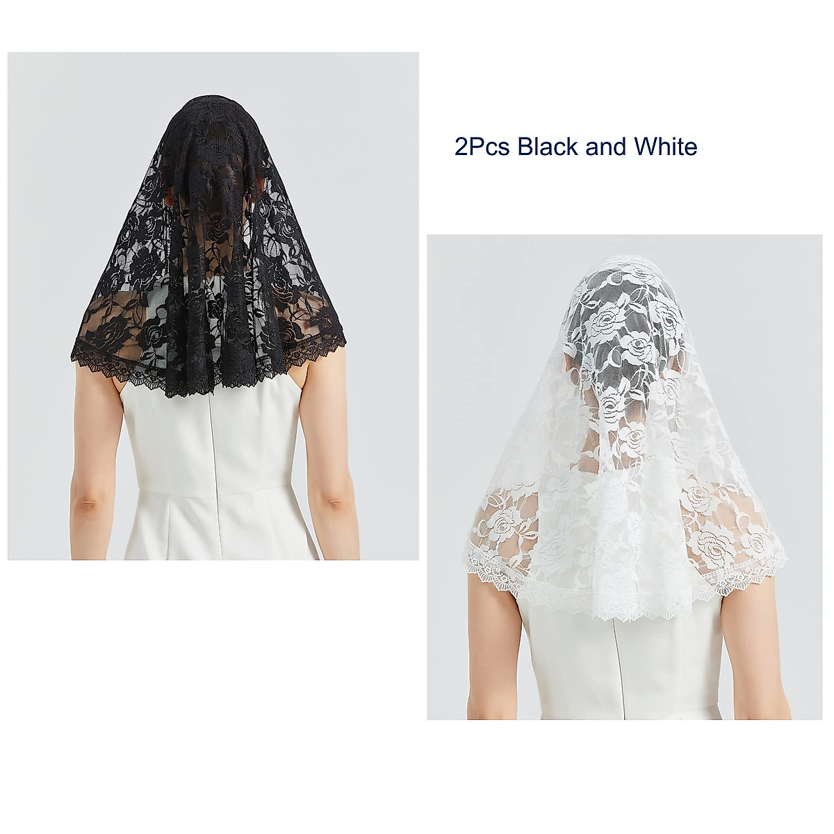 Grettytling Lace Mantilla Veil Soft and comfortable 7 Colors Spanish Style Rose Lace Veil Head Covering D Shape ， 2pcs Black&white