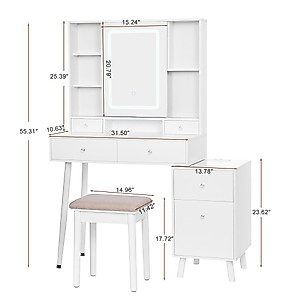 BEWISHOME Vanity Desk, White Vanity with Charging Station & Nightstand, Makeup Desk Makeup Vanity with Lights with 3 Colors Modes, Makeup Table Vanity Table with Sliding Mirror Dressing Table FST19W