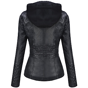 Tanming Women's Removable Hooded Faux Leather Jackets (X-Large, Black)