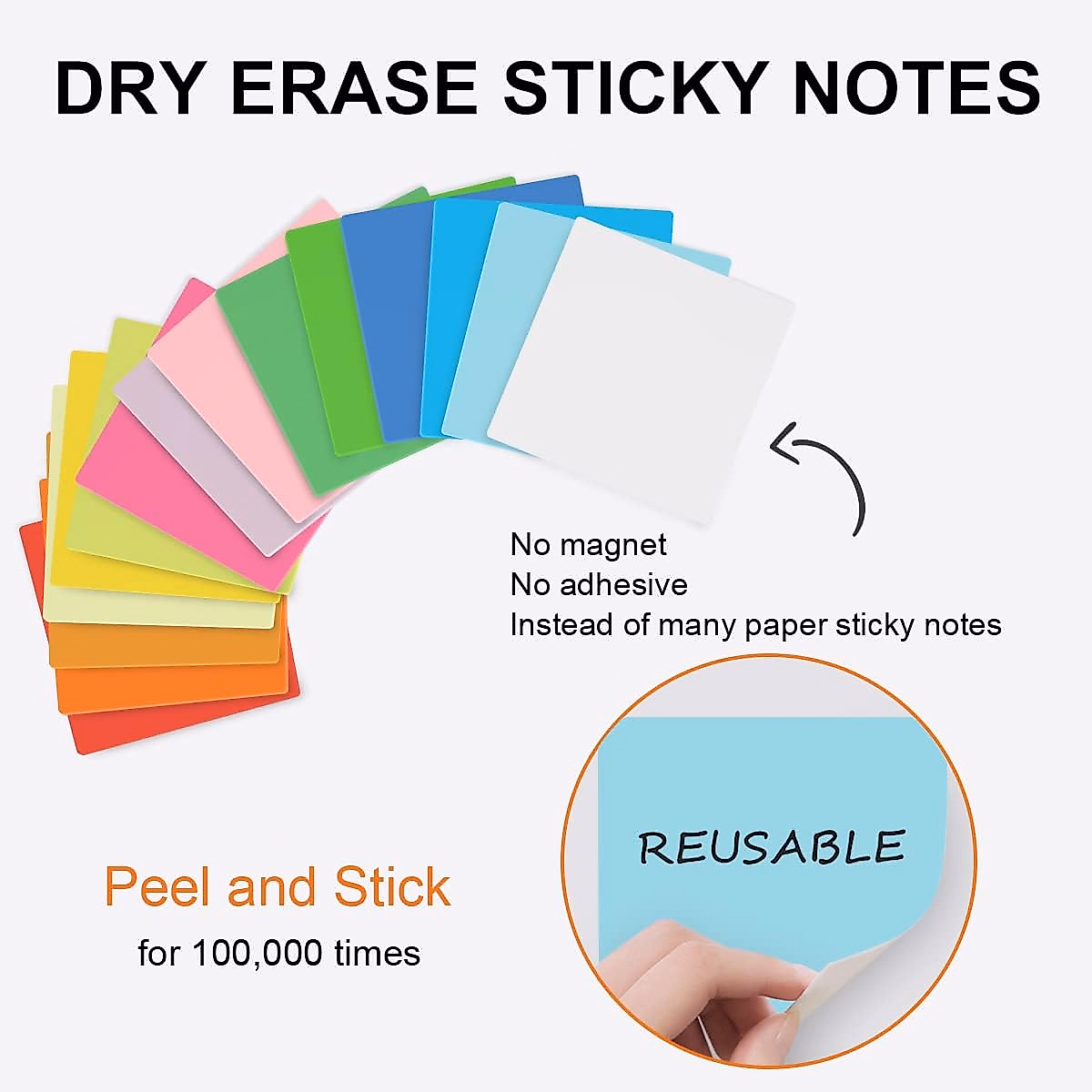 HOHI LINE Dry Erase Reusable Colorful Square 4x4 Self-Stick Notes Pads Sticky Post it Notes Magnetic Whiteboard Markers with Erasers (4"x4", Colorful 15pcs Note Pad)