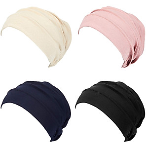 Syhood 4 Pieces Slouchy Beanies Hats Soft Cotton Sleep Cap Stretchy Sleeping Cap Headwear for Women (Black, Navy, Pink, Beige)