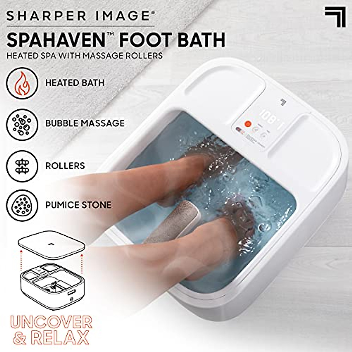 Sharper Image Spahaven Foot Bath, Heated Spa with Massage Rollers & LCD Display, 108 Degree Heat with Insulated Walls & Pumice Stone, Soothe & Rejuvinate Tired Feet, Aromatherapy Holiday Gift