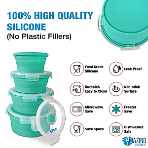 AMAZING CONTAINERS Set of 4 Silicone Collapsible Food Storage Container with Airtight Lid|Foldable Stackable Space-saving containers for Kitchen|Microwave Dishwasher and Freezer Safe